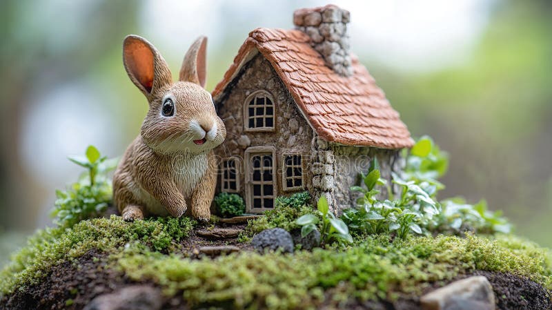 Cute Bunny Figurine beside a Miniature Stone House on a Mossy Patch ...