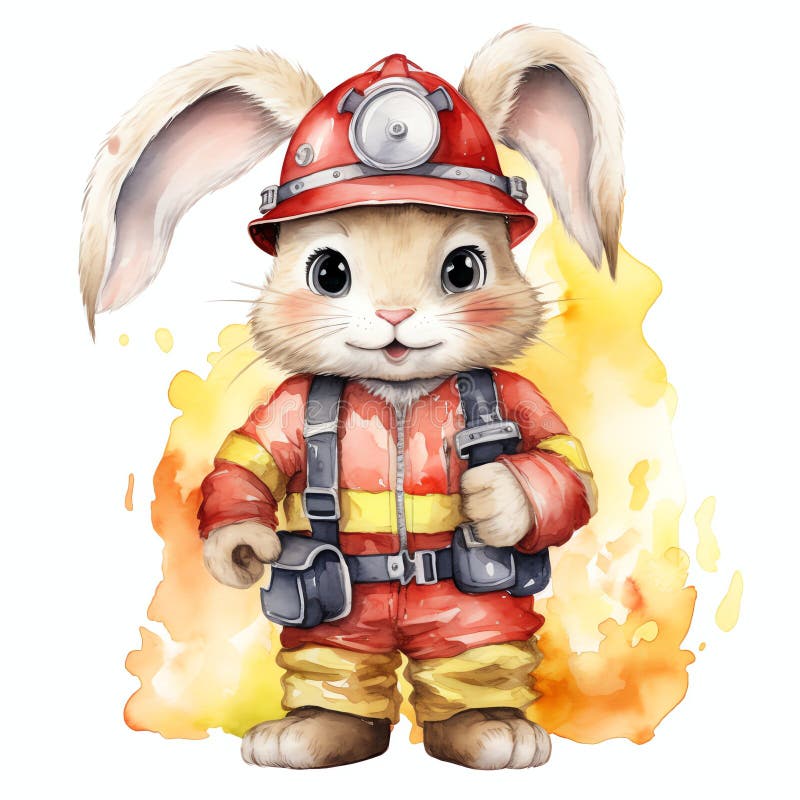 Cute Bunny with Firefighter Gear Watercolor Illustration Stock ...