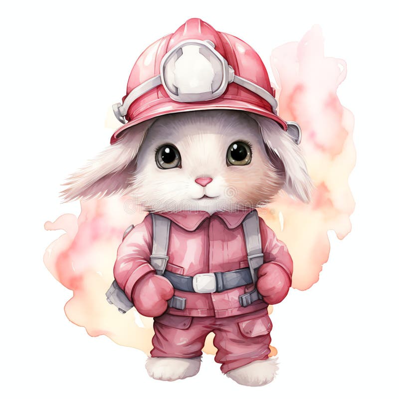 Cute Bunny with Firefighter Hat Watercolor Illustration Stock ...