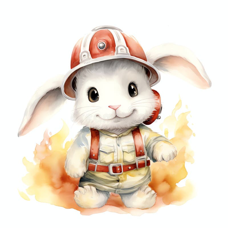 Cute Bunny with Firefighter Hat Watercolor Illustration Stock ...