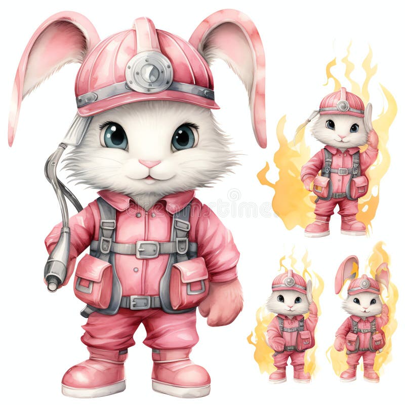 Cute Bunny with Firefighter Helmet Watercolor Illustration Stock ...