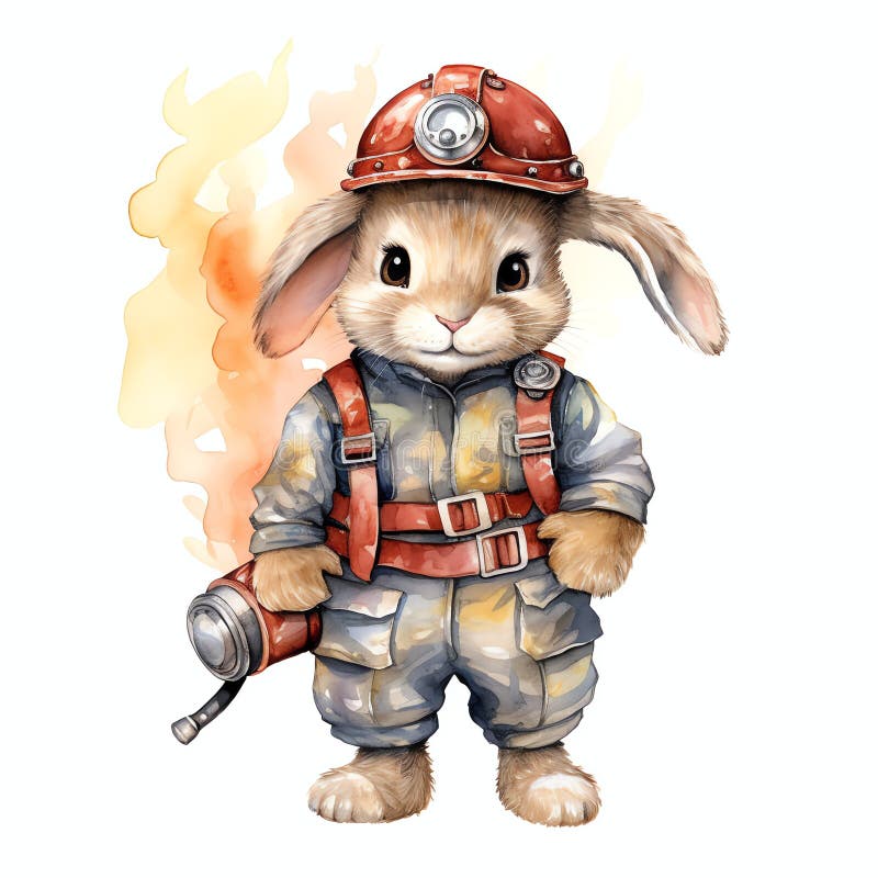 Cute Bunny with Firefighter Hose Watercolor Illustration Stock ...