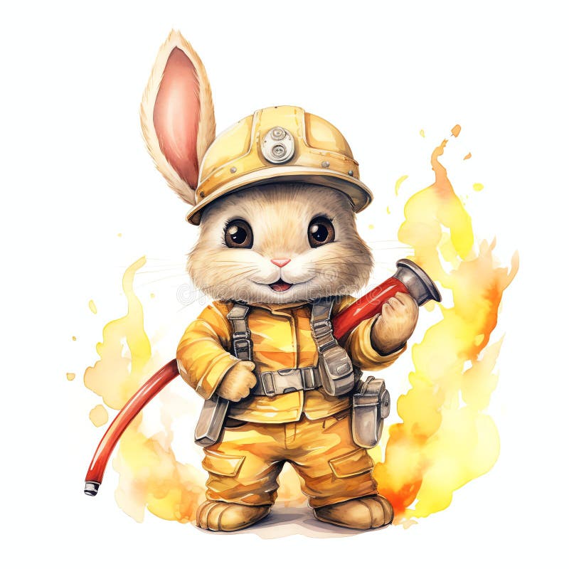 Cute Bunny with Firefighter Hose Watercolor Illustration Stock ...