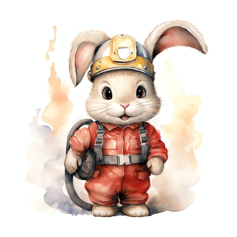 Cute Bunny with Firefighter Hose Watercolor Illustration Stock ...