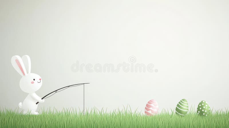 Cute Bunny Fishing for Colorful Easter Eggs in Grassy Field Stock ...