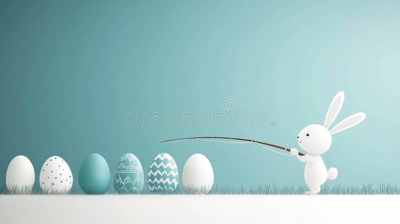 Cute Bunny Fishing for Colorful Easter Eggs with Rod in Serene Setting ...