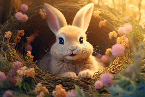 Cute Bunny with Floppy Ears Resting in a Cozy Stock Illustration ...