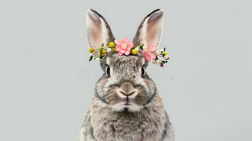 A Cute Bunny with a Flower Crown on a Solid Background Stock ...