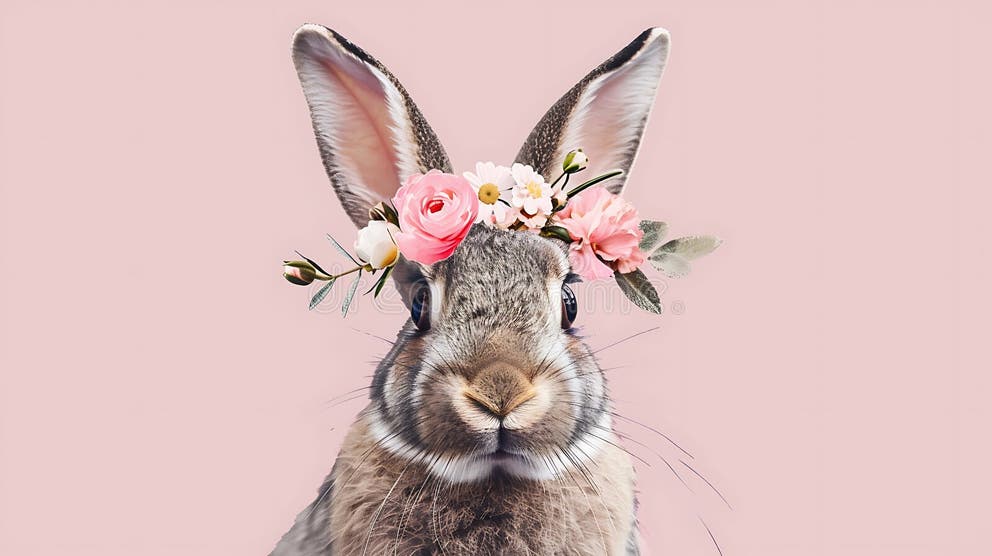 A Cute Bunny with a Flower Crown on a Solid Pastel Background Stock ...