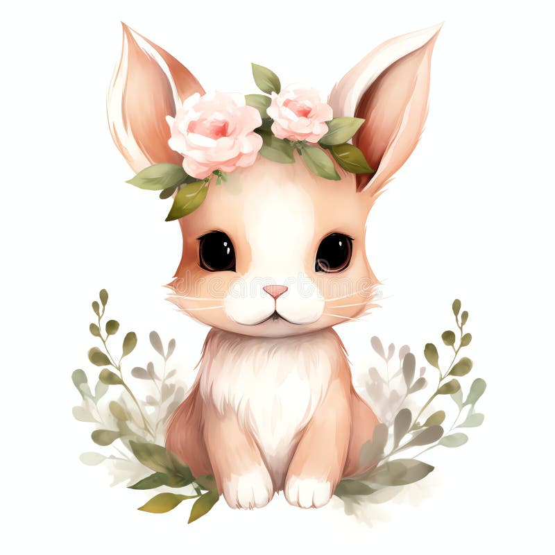 Cute Bunny with Flower Crown Watercolor Illustration Stock Illustration ...