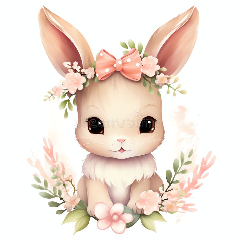 Cute Bunny with Flower Crown Watercolor Illustration Stock Illustration ...