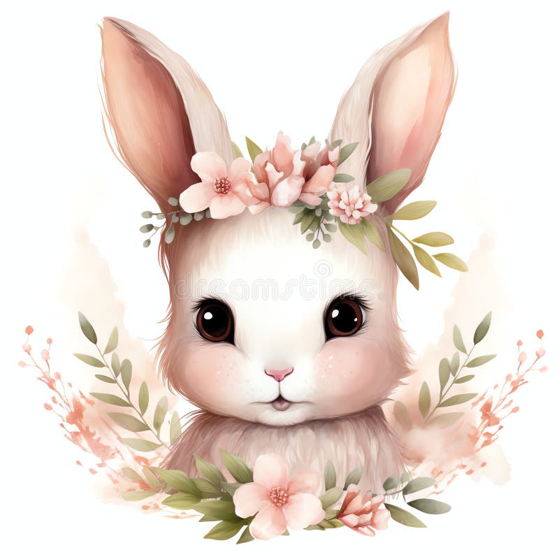 Cute Bunny with Flower Crown Watercolor Illustration Stock Illustration ...