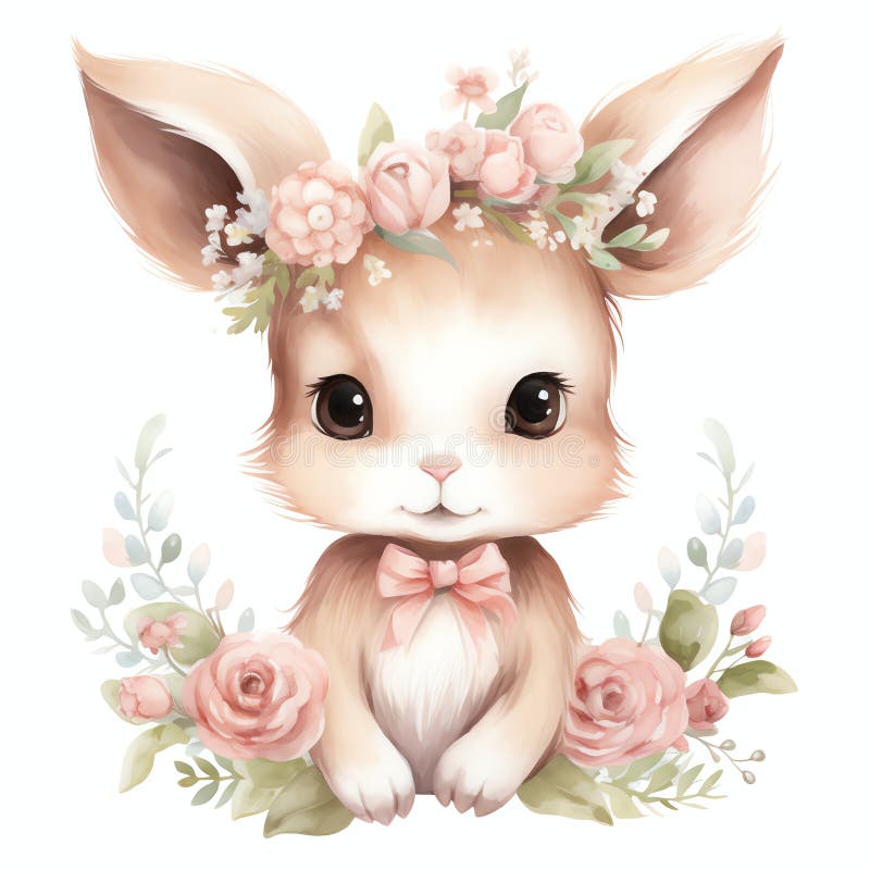 Cute Bunny with Flower Crown Watercolor Illustration Stock Illustration ...