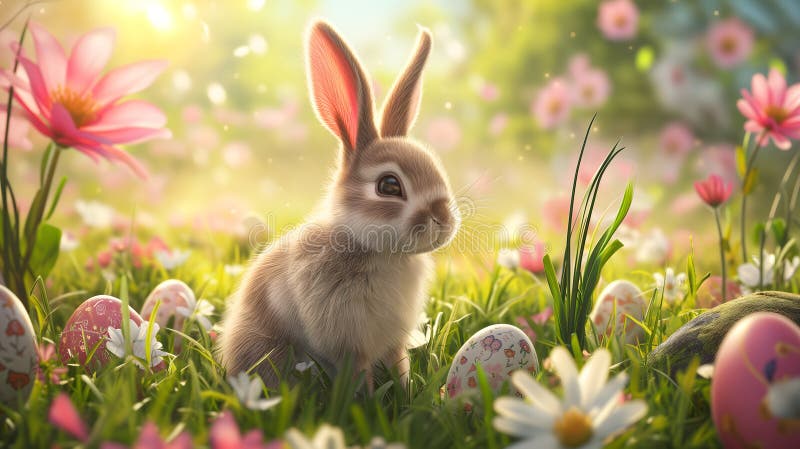 Cute Bunny in the Flower Field with Colored Easter Eggs Around ...