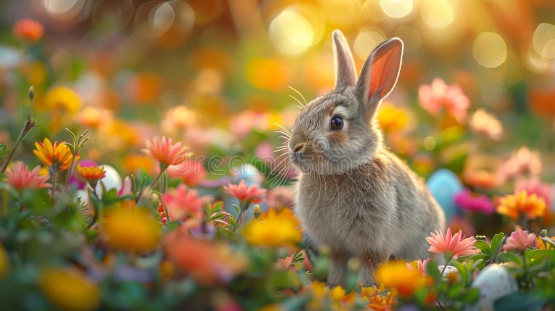 Cute Bunny in a Flower Garden - Generative Ai Stock Illustration ...