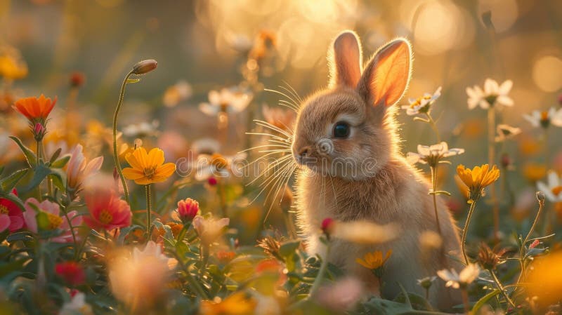 Cute Bunny in a Flower Meadow - Generative Ai Stock Illustration ...