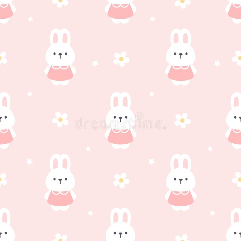 Cute Bunny and Flowers Seamless Pattern Background Stock Illustration ...