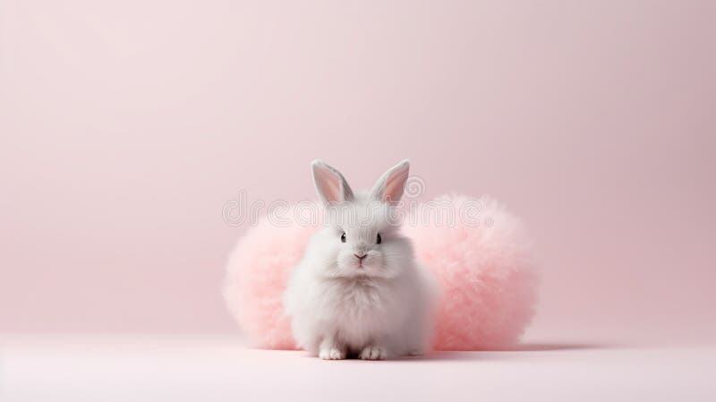 Cute Bunny and Fluffy Balls on a Pastel Pink Background. Copy Space ...