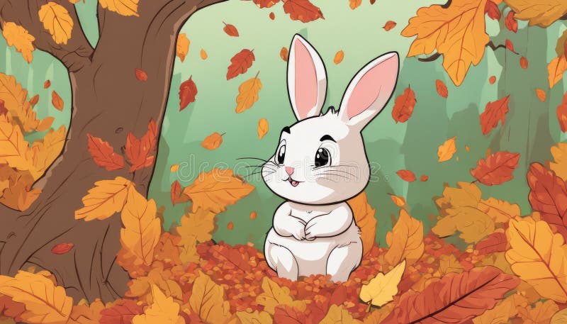 A Cute Bunny in a Forest with Leaves Stock Illustration - Illustration ...