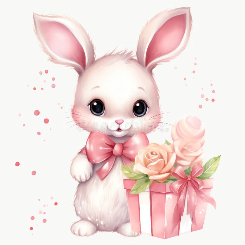 Cute Bunny with Gift Watercolor Illustration Stock Illustration ...