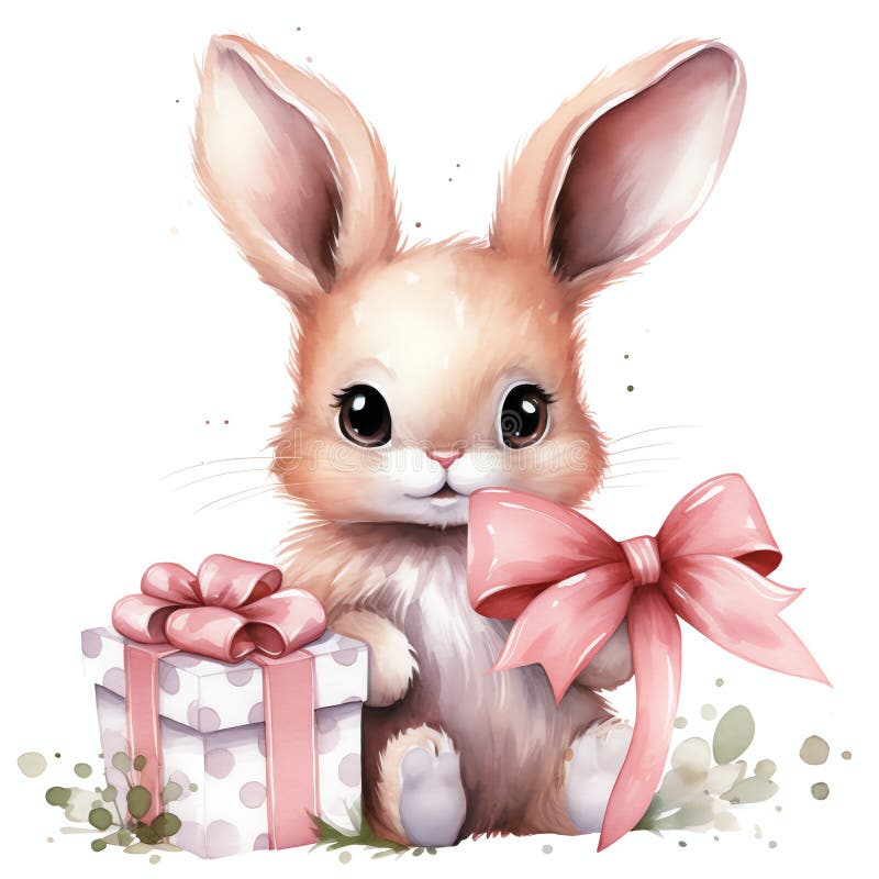 Cute Bunny with Gift Watercolor Illustration Stock Illustration ...