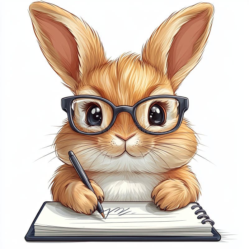 Cute Bunny with Glasses Writing on Notepad in Office Setting Stock ...