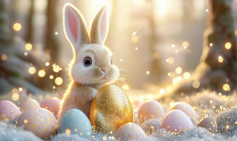 Cute Bunny with Golden Egg Surrounded by Colorful Easter Eggs in a ...
