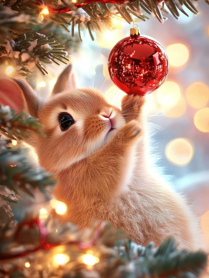 Cute Bunny Hanging Christmas Ornament on Tree with Bokeh Lights Stock ...