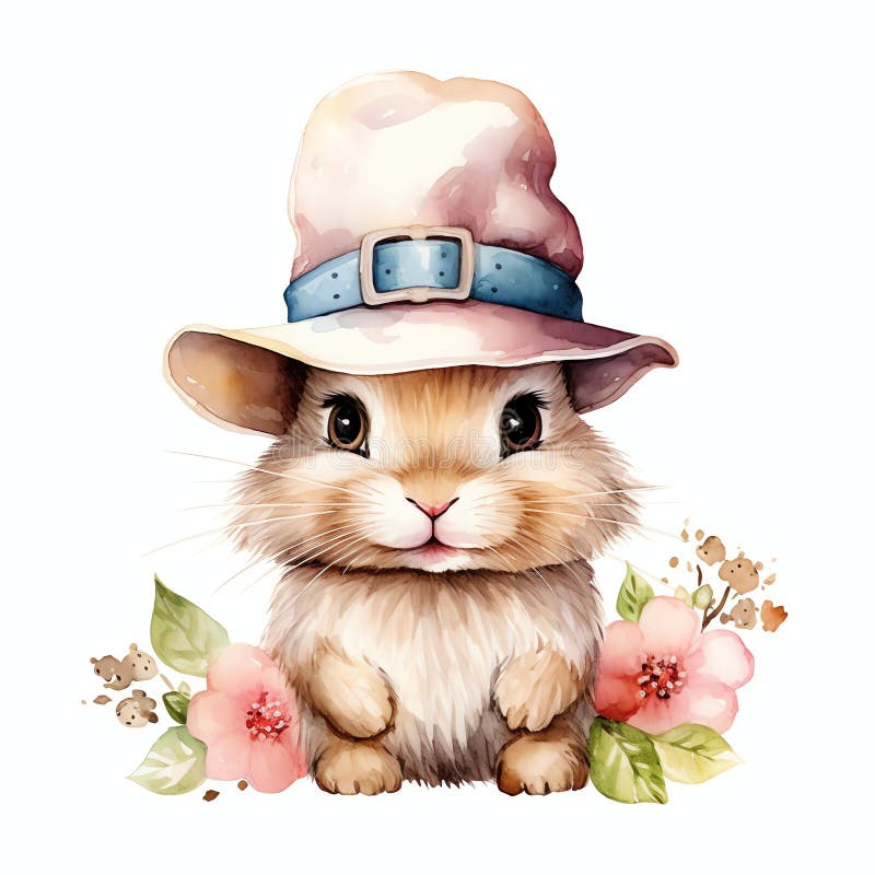 Cute Bunny with Hat Watercolor Illustration Stock Illustration ...