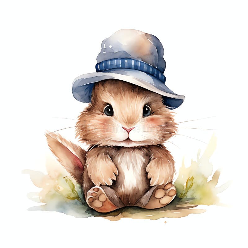 Cute Bunny with Hat Watercolor Illustration Stock Illustration ...