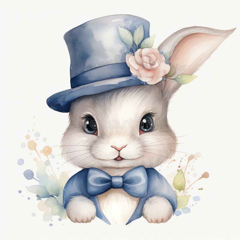 Cute Bunny with Hat Watercolor Illustration Stock Illustration ...