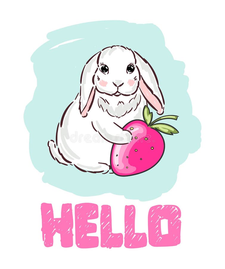 Cute Bunny with Hello Lettering. Hand Drawn Vector Illustration Stock ...