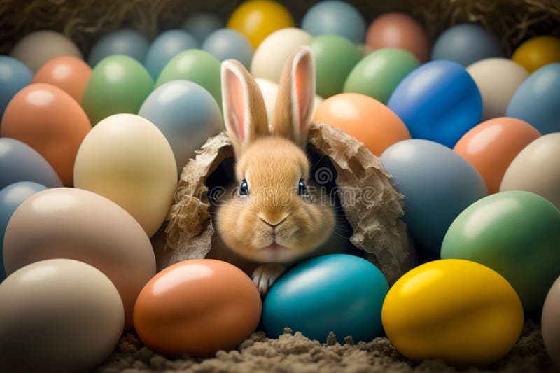 Cute Bunny Hides among Colorful Easter Eggs. Easter Card. a Little ...