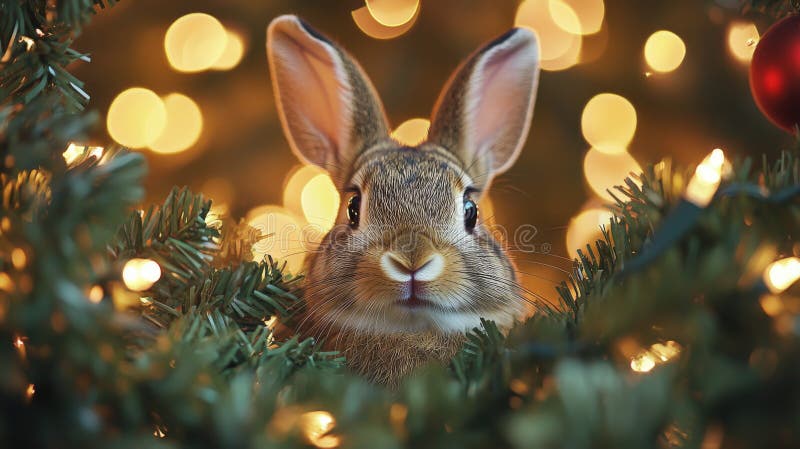 A Cute Bunny Hiding in a Christmas Tree Stock Illustration ...