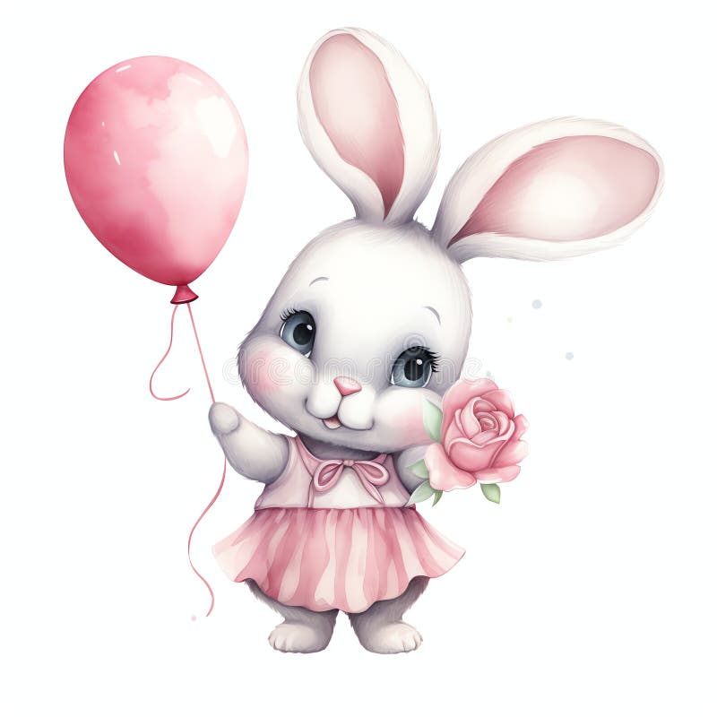 Cute Bunny Holding Balloon Watercolor Illustration Stock Illustration ...