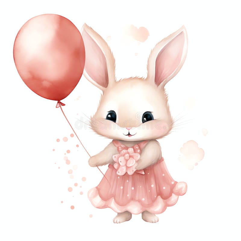 Cute Bunny Holding Balloon Watercolor Illustration Stock Illustration ...