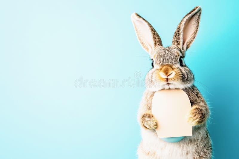 Cute Bunny Holding a Blank Sign Against a Light Blue Background. Copy ...
