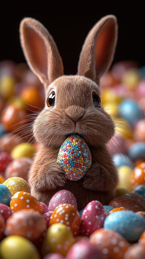 Cute Bunny Holding Colorful Egg Surrounded by Easter Eggs, Joyful Scene. Stock Photo - Image of ...