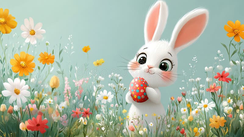 Cute Bunny Holding Easter Egg in Spring Meadow Stock Illustration ...