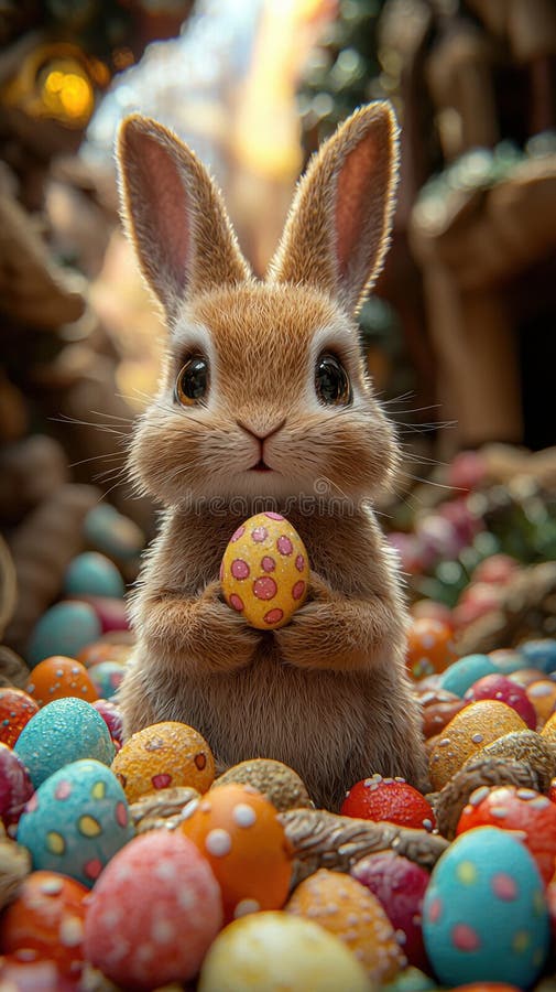 Cute Bunny Holding Easter Egg Surrounded by Colorful Eggs in Festive Setting. Stock Photo ...