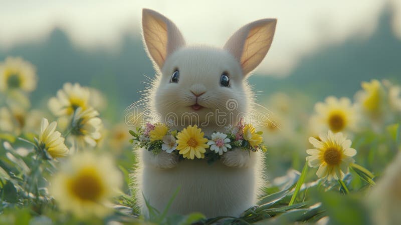 Cute Bunny Holding Flower Garland in Field of Daisies Stock Image ...