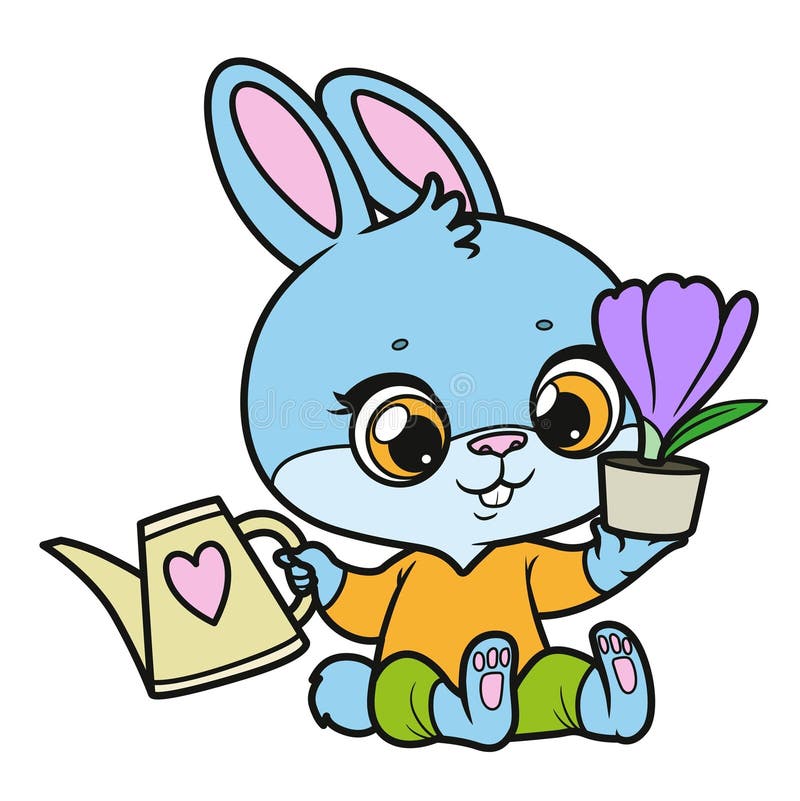 Cute Bunny Holds in Paws a Pot with Spring Crocus Flower and a Watering ...