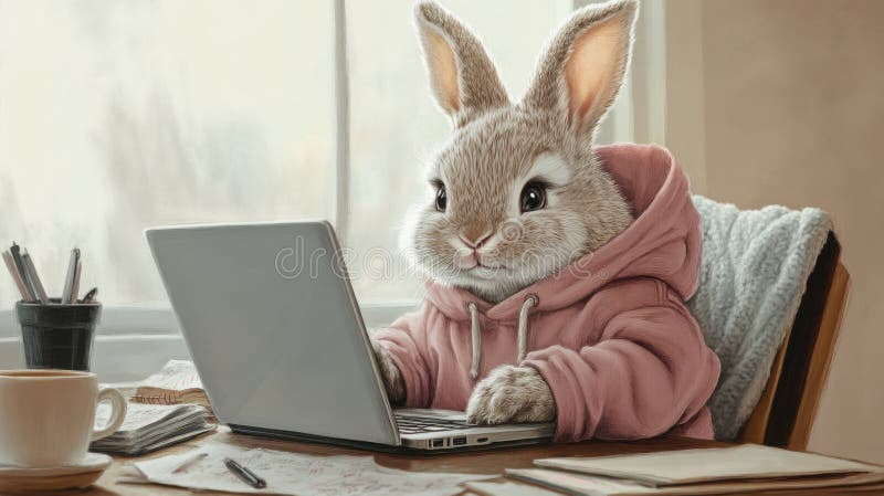 Cute Bunny in Hoodie Working on Laptop at Desk with Coffee and Notepad ...
