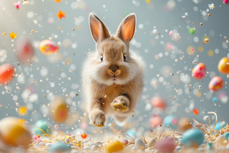 Cute Bunny Hopping among Colorful Spring Elements with a Cheerful ...