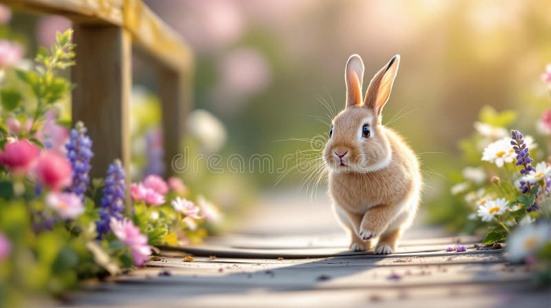 Cute Bunny Hopping through Flower Garden Path in Springtime Sunshine ...