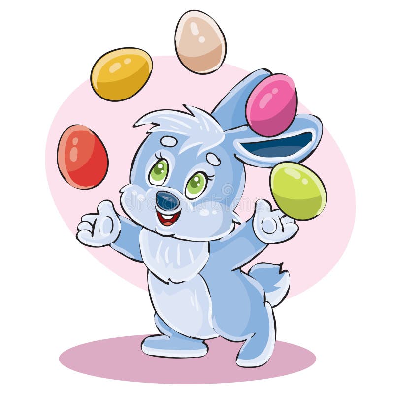 Cute Bunny is Juggling Easter Eggs that are Painted in Different Colors ...