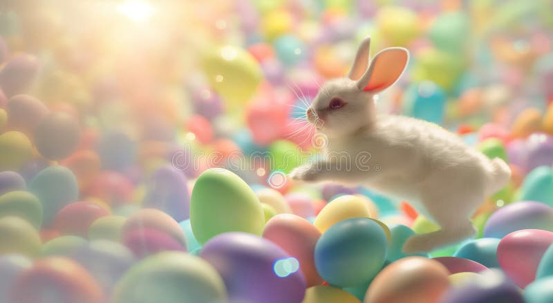 Cute Bunny Jumping Around Easter Eggs. Concept of Happy Easter Day ...