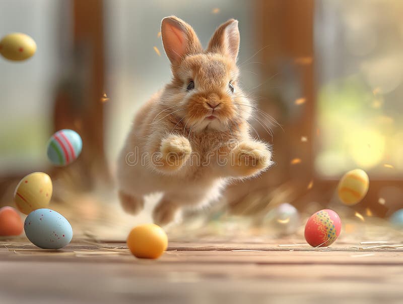 Cute Bunny Jumping Around Easter Eggs. Concept of Happy Easter Day ...