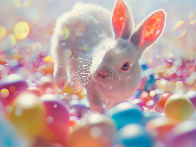 Cute Bunny Jumping Around Easter Eggs. Concept of Happy Easter Day ...