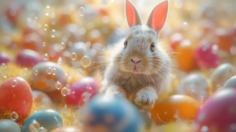 Cute Bunny Jumping Around Easter Eggs. Concept of Happy Easter Day ...